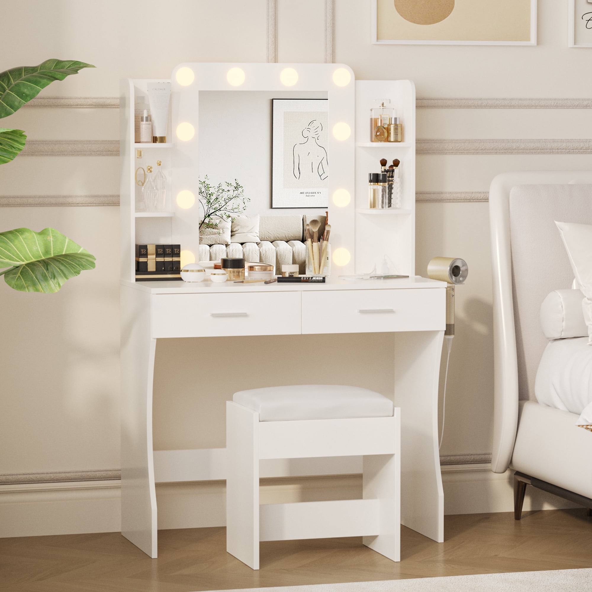Vabches Vanity Desk Set with Mirror and Lights, Large Makeup Table with ...