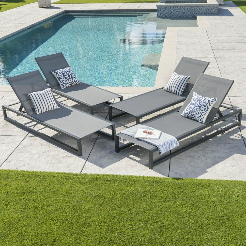 Nelson Outdoor Aluminum Framed Chaise Lounge with Grey Mesh Body, Set ...