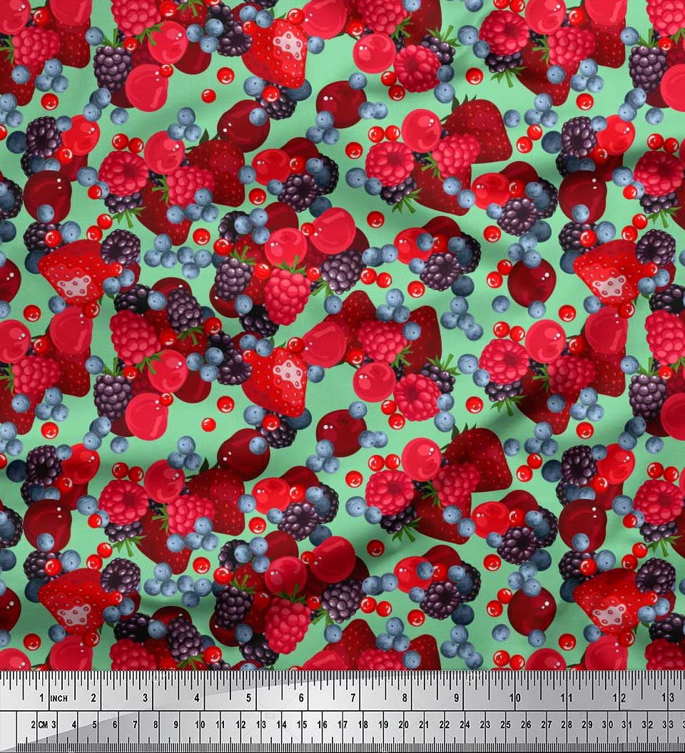 Soimoi Japan Crepe Satin Fabric Raspberry,Strawberry & Cherry Fruits ...