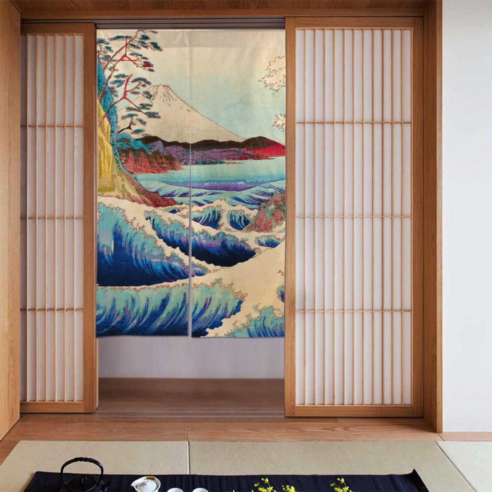 Doorway Drape Split Curtains, Japanese Mount Fuji Wave Room Divider ...