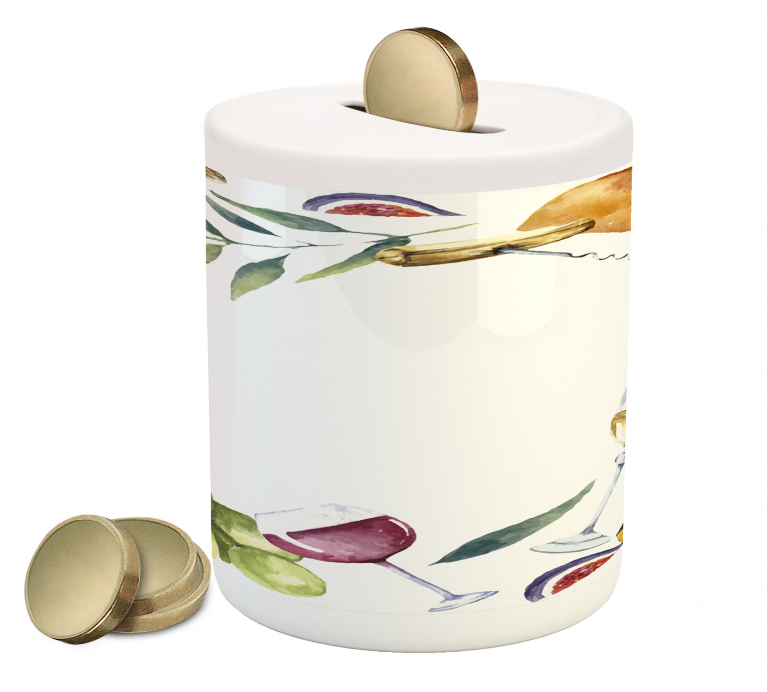 Wine Piggy Bank, Round Frame Hand Painted Food Objects Watercolor Drink ...
