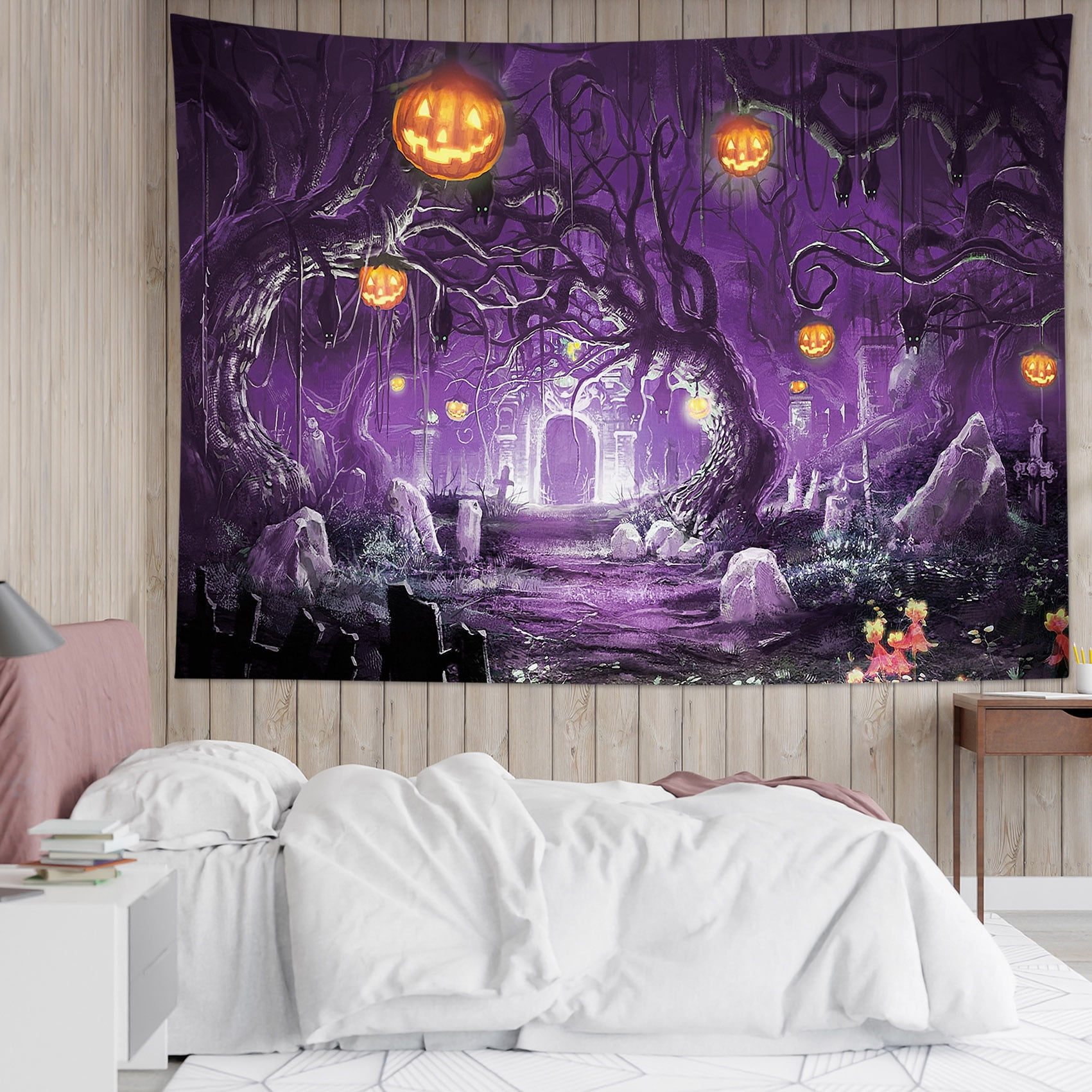 HVEST Purple Forest Halloween Tapestry Wall Hanging Scary Cemetery ...