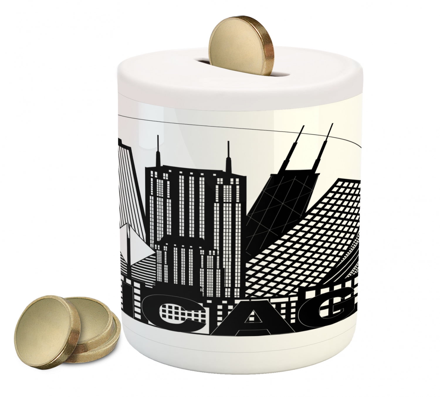 Chicago Skyline Piggy Bank, Circle City Landscape Office Buildings ...