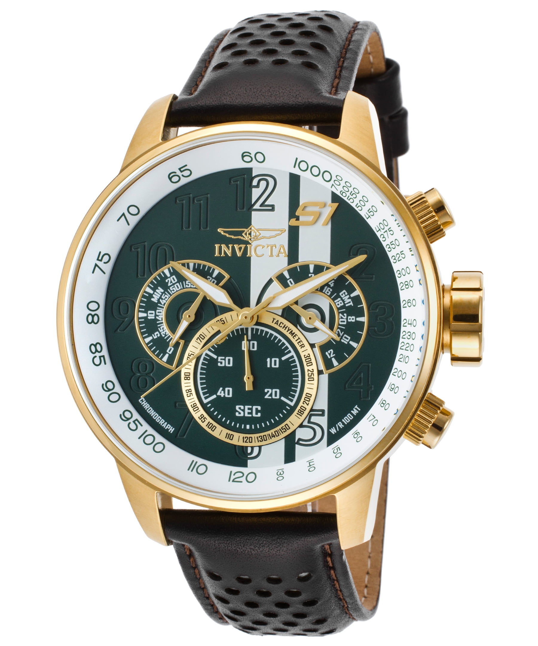 19908 Men's S1 Rally Chrono White Accented Green Dial Black Leather ...