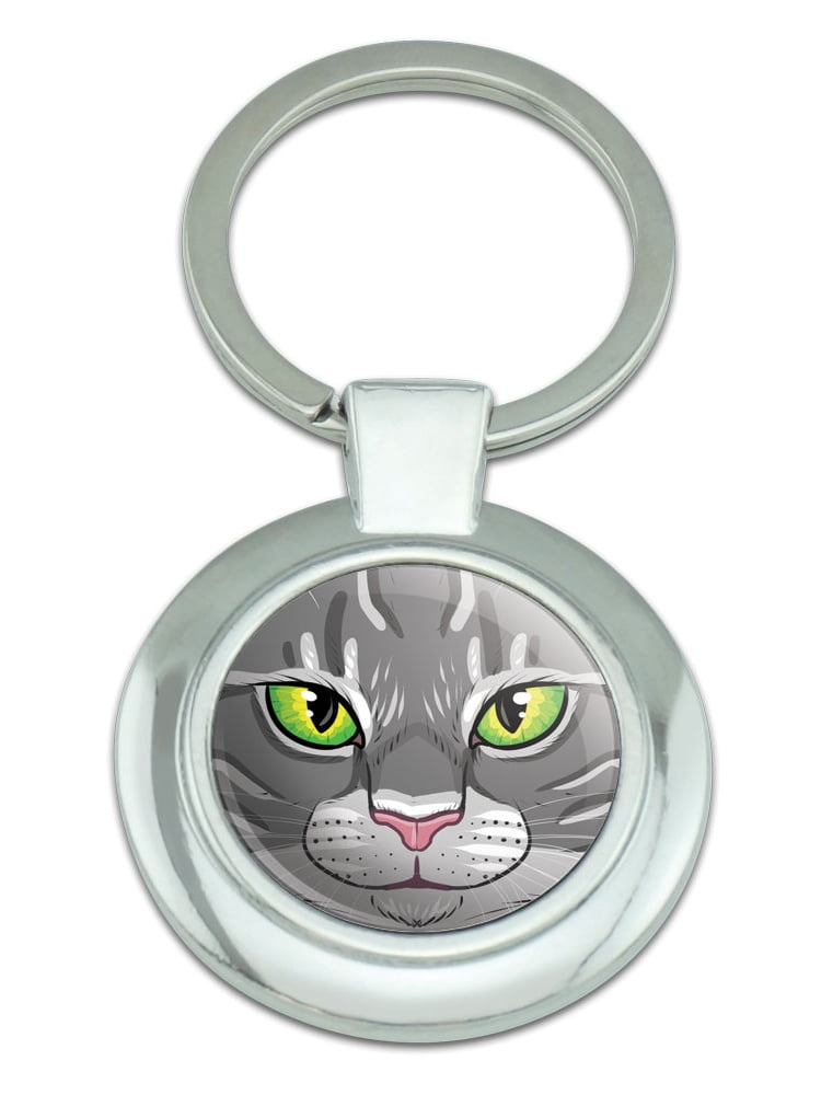 Gray Tabby Cat Face Pet Kitty Classy Round Chrome Plated Metal Keychain ...