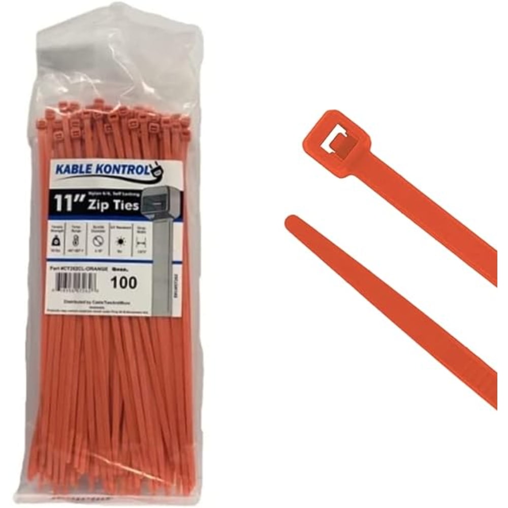 Kable Kontrol Zip Ties - 11" Long - 100 Pc Pk - Orange color - Nylon - 50 Lbs Tensile Strength ...