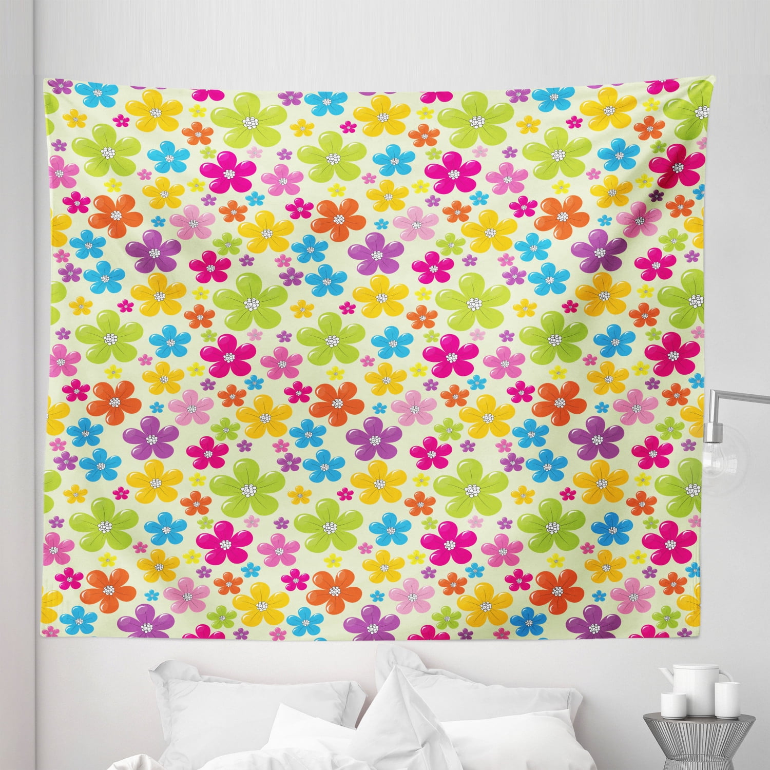 Colorful Tapestry, Sixties Inspired Colorful Flowers Hippie Motifs ...