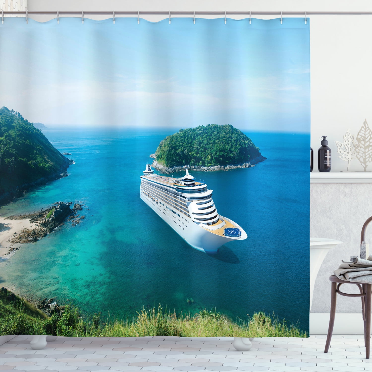 Ambesonne Cruise Ship Shower Curtain, Passenger Ship Ocean, 69"Wx70"L ...
