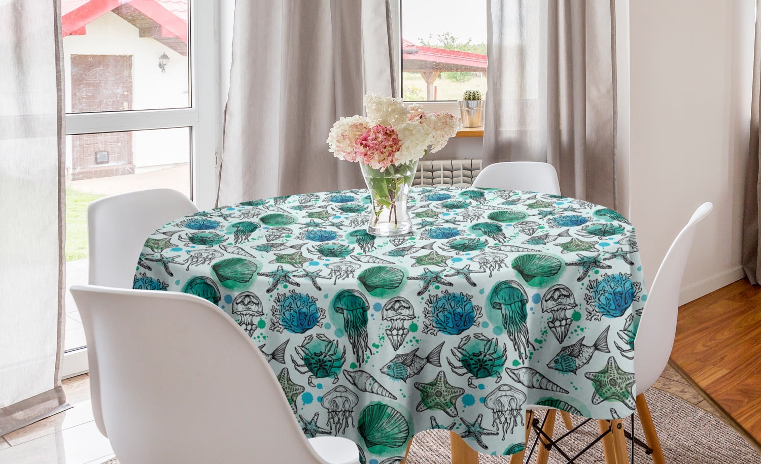 Watercolor Round Tablecloth, Seaweed Splashes Underwater Fauna Starfish ...