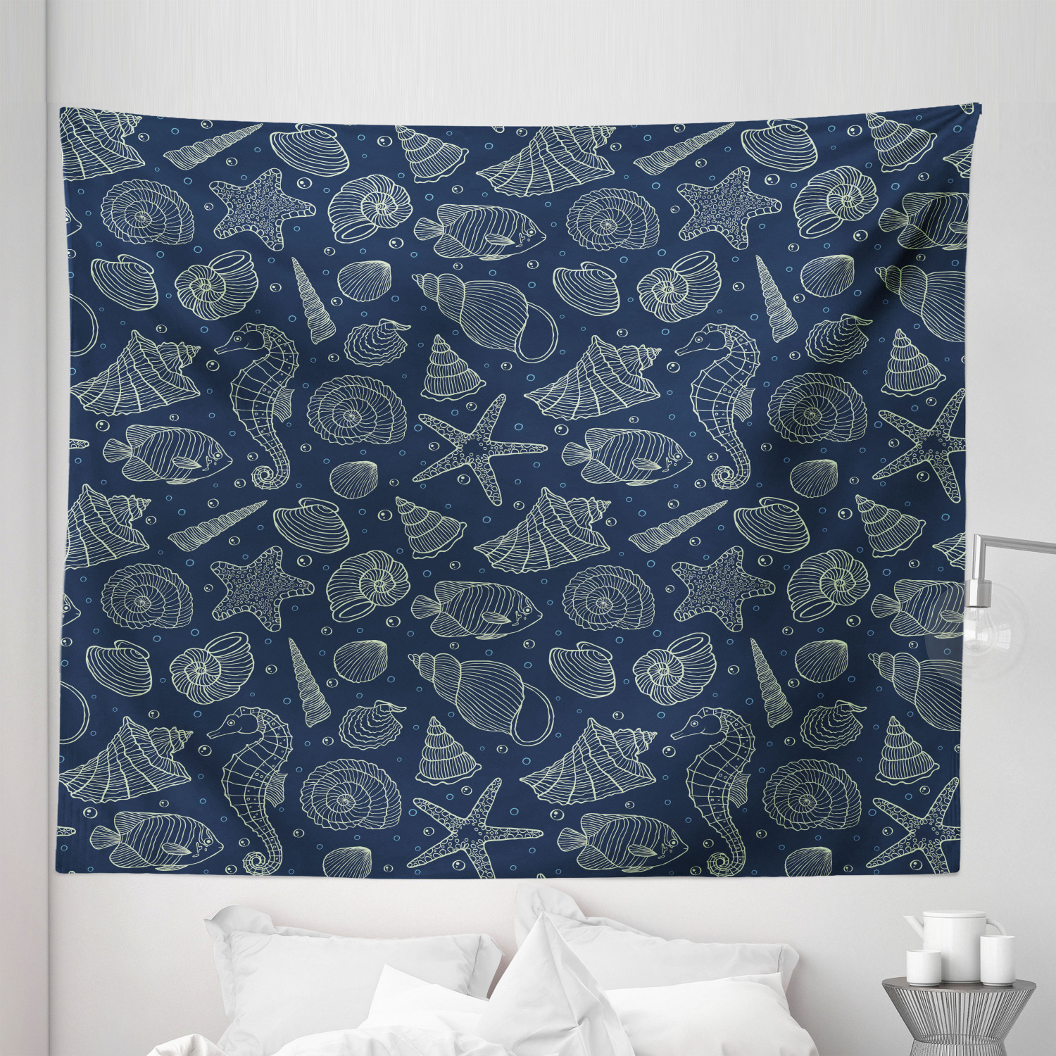 Sea Shells Tapestry, Monochrome Marine Elements with Dotted Background ...