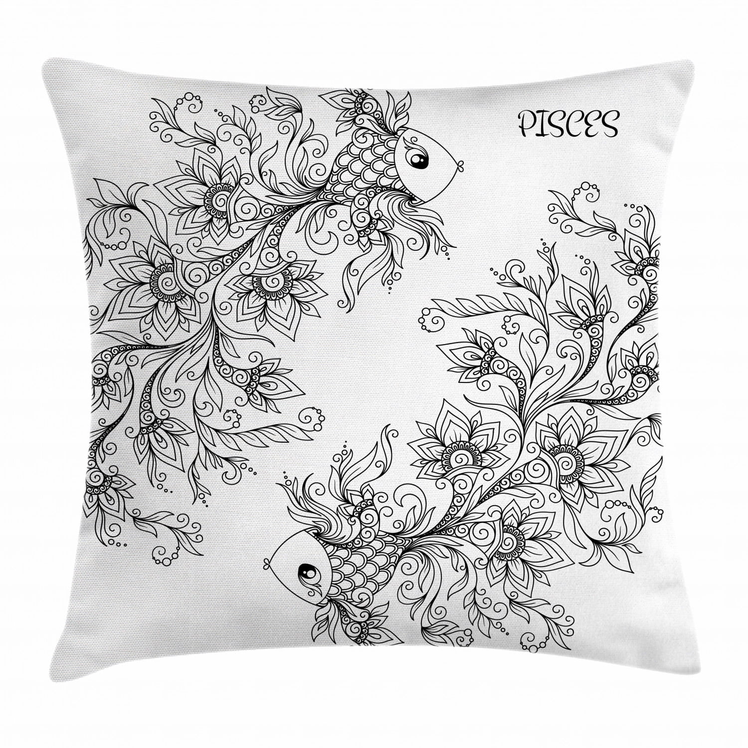 Zodiac Decor Throw Pillow Cushion Cover, Floral Images Pisces Fish ...