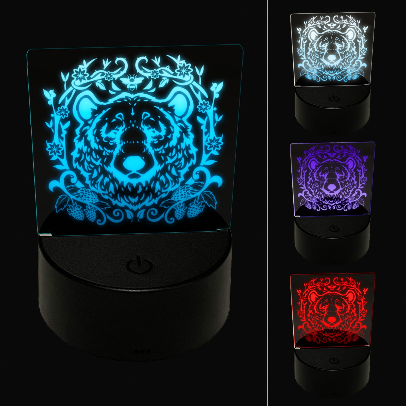 Floral Black Bear Head with Flowers and Blackberries LED Night Light ...