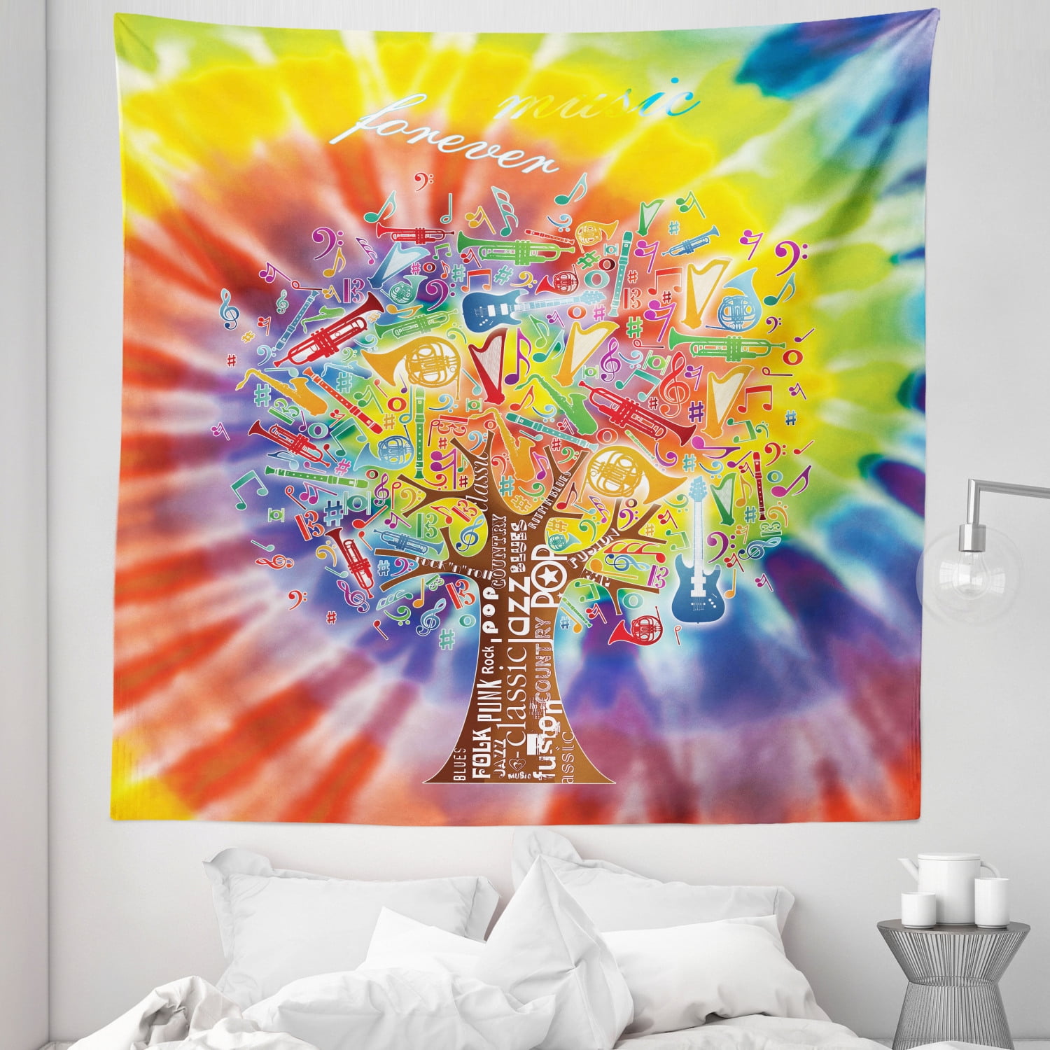 Colorful Tapestry, Tree with Various Instruments Musical Notes Music ...