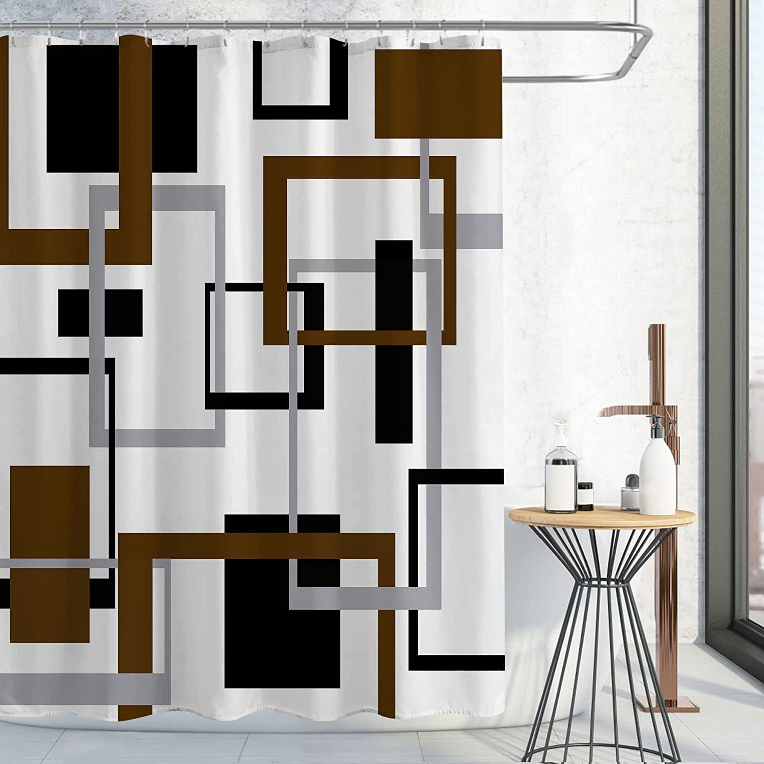 Black and White Shower Curtain, Black Grey Geometric Fabric Shower Curtain Set, Abstract Mid ...
