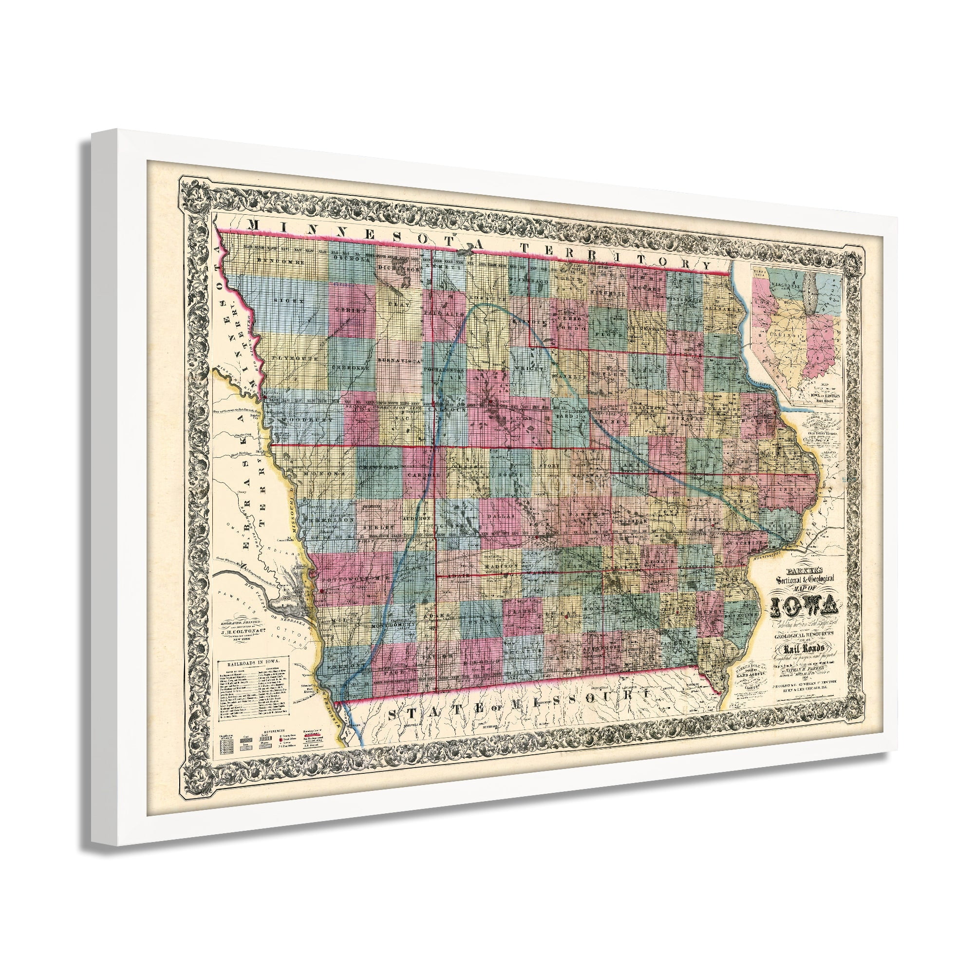 1856 Iowa Map - Framed Vintage Iowa State Map - Old State of Iowa Map ...