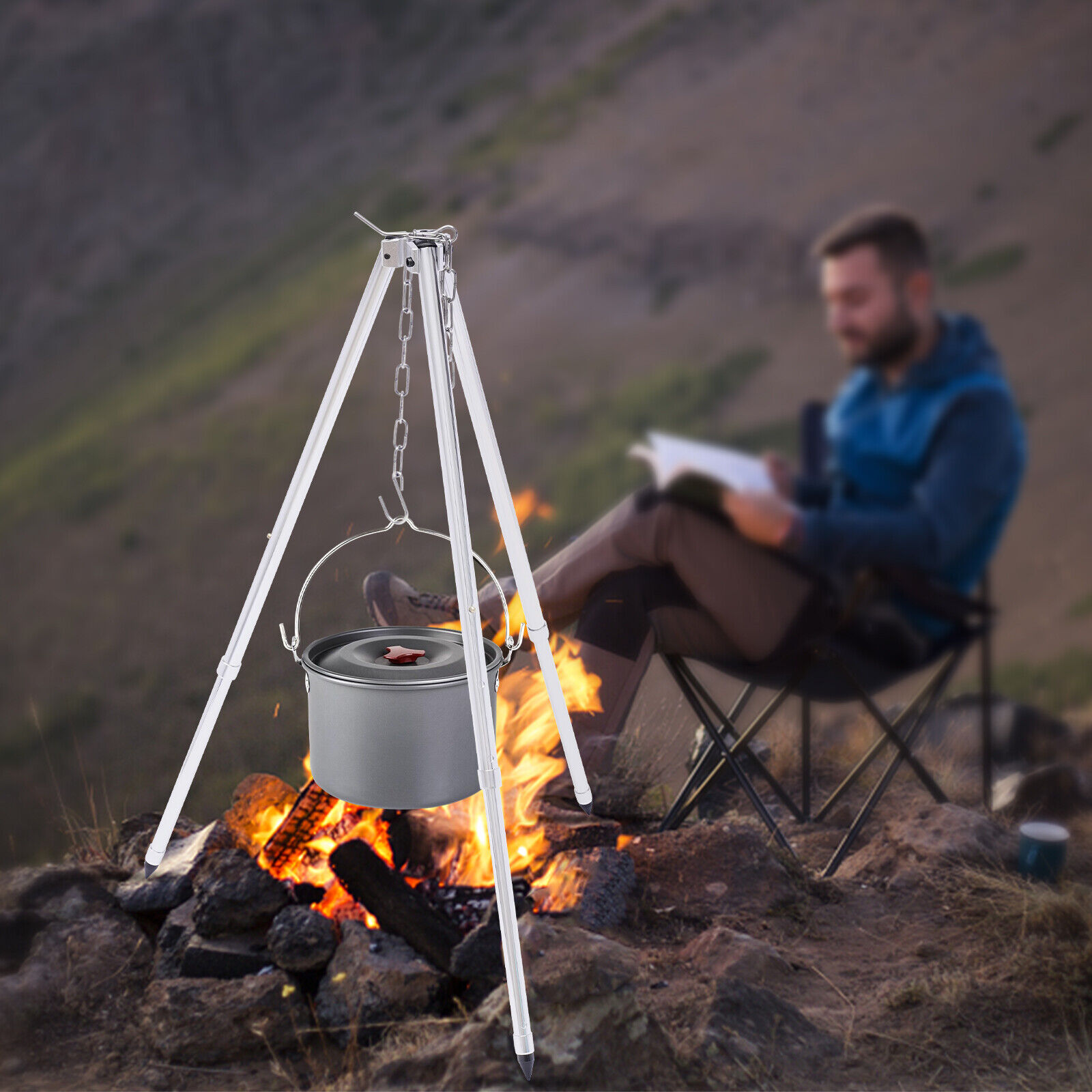 Portable Outdoor Barbecue Tripod Ring Hook Hanging Pot Camping Grill ...