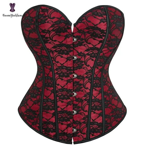 Red Women Mesh Grid Lingerie Basque Corselet Bustier Floral Lace ...