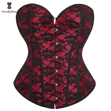 Red Women Mesh Grid Lingerie Basque Corselet Bustier Floral Lace ...