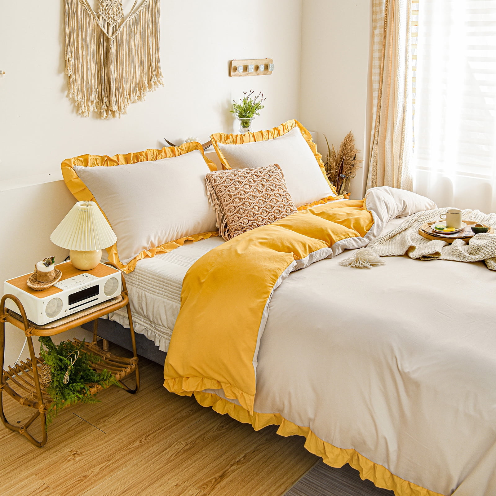 Move Over Beige Grey Yellow Ruffle Bedding Sets King Linen Grey Yellow ...