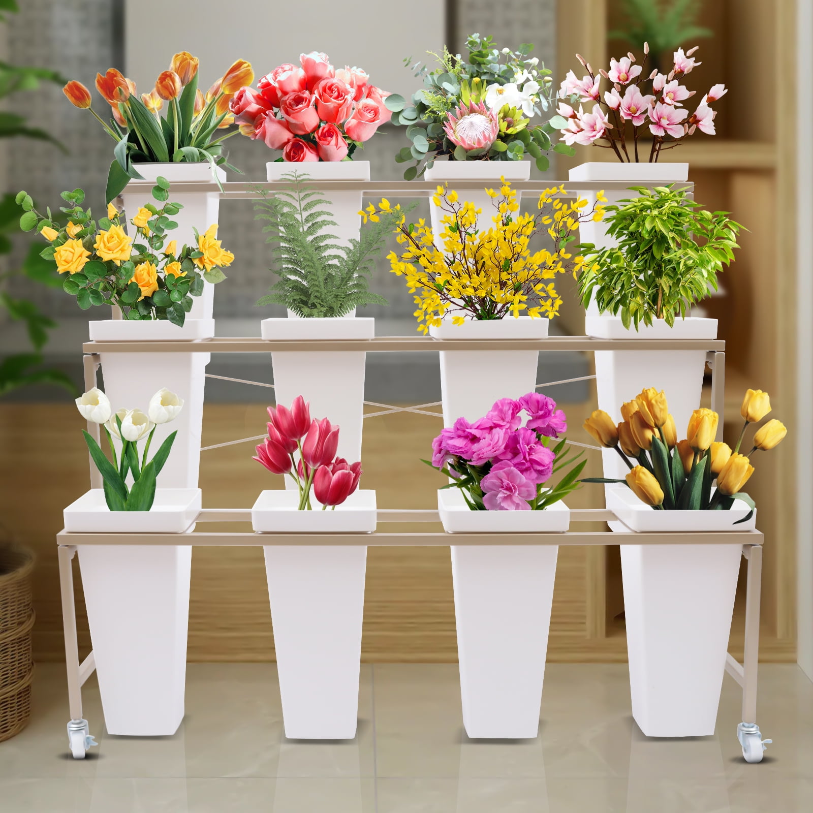 Miumaeov Flower Display Stand With 12PCS Buckets, 3 Layers Metal Plant ...