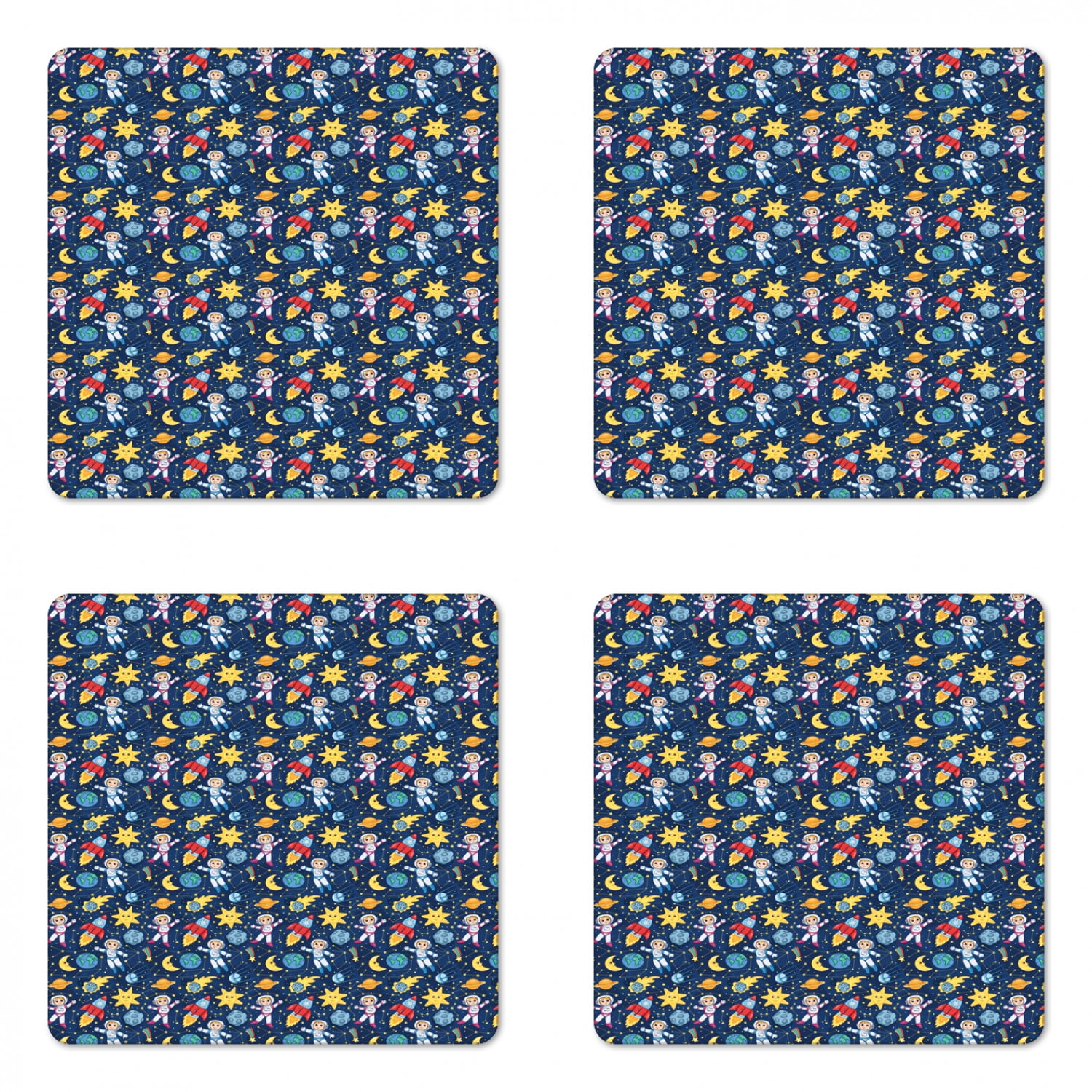 Cartoon Coaster Set of 4, Cosmonaut Girl and Boy Siblings in Space ...