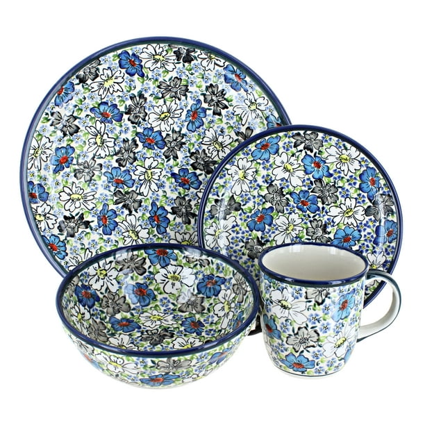 Blue Rose Polish Pottery Bed of Flowers 16 Piece Dinnerware Set ...