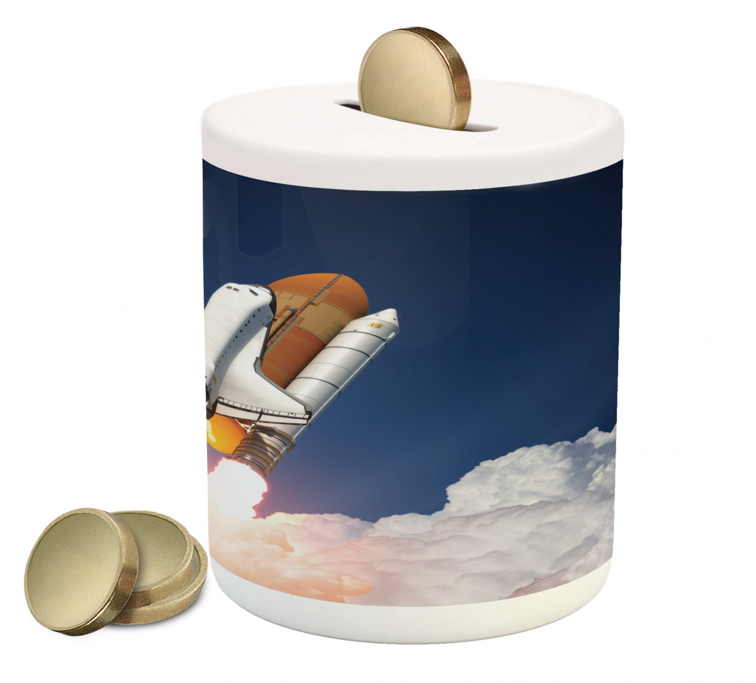 Outer Space Piggy Bank, Space Rocket Lifting Through the Clouds Blast ...