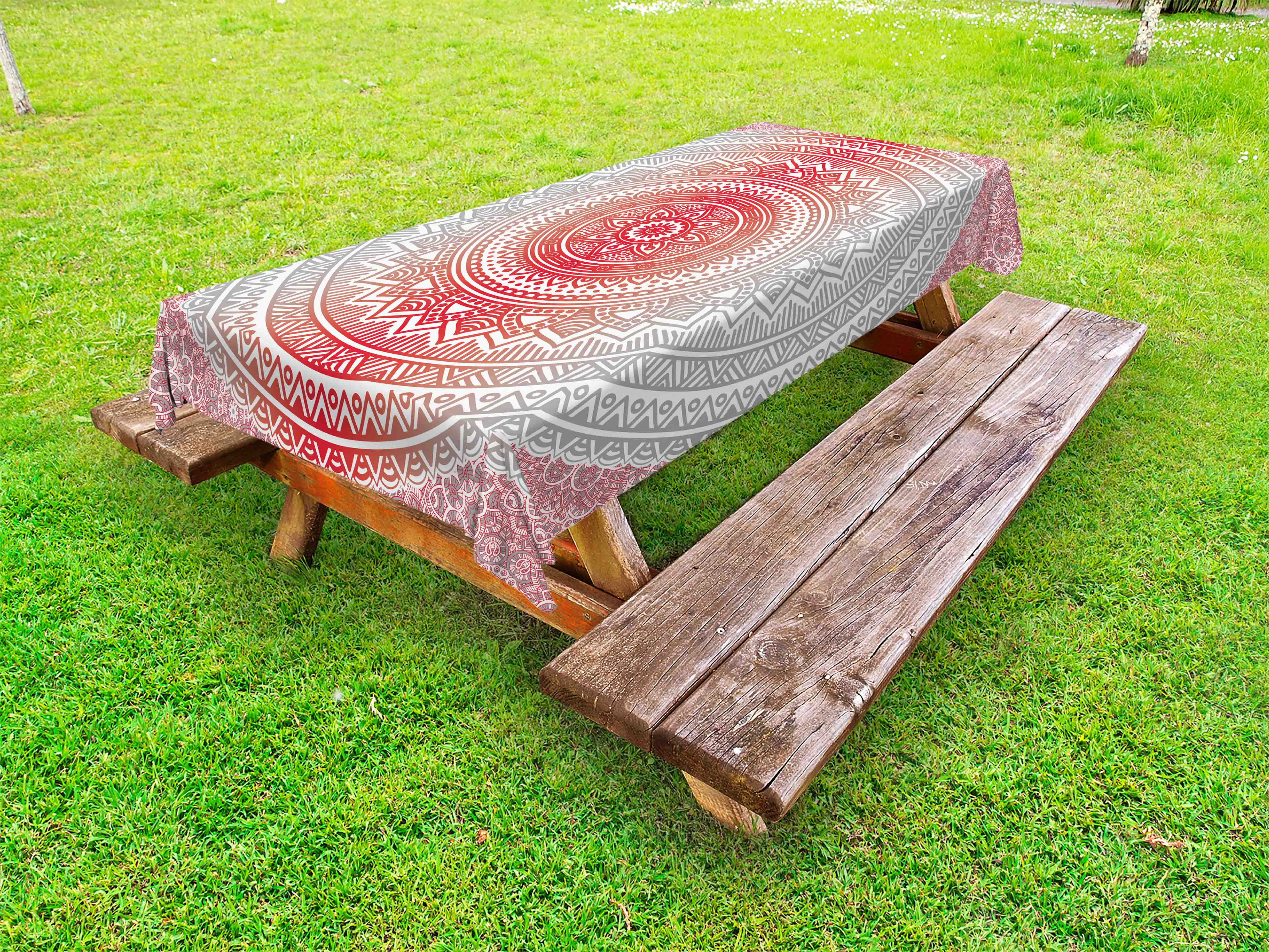 Grey And Red Outdoor Tablecloth Hippie Ombre Mandala Cosmos Pattern Grey And Red Outdoor Tablecloth Hippie Ombre Mandala Cosmos Pattern