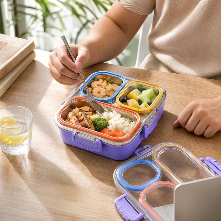 Stainless Steel Bento Lunch Box For Kids & Adults,3 Sealed Compartments ...