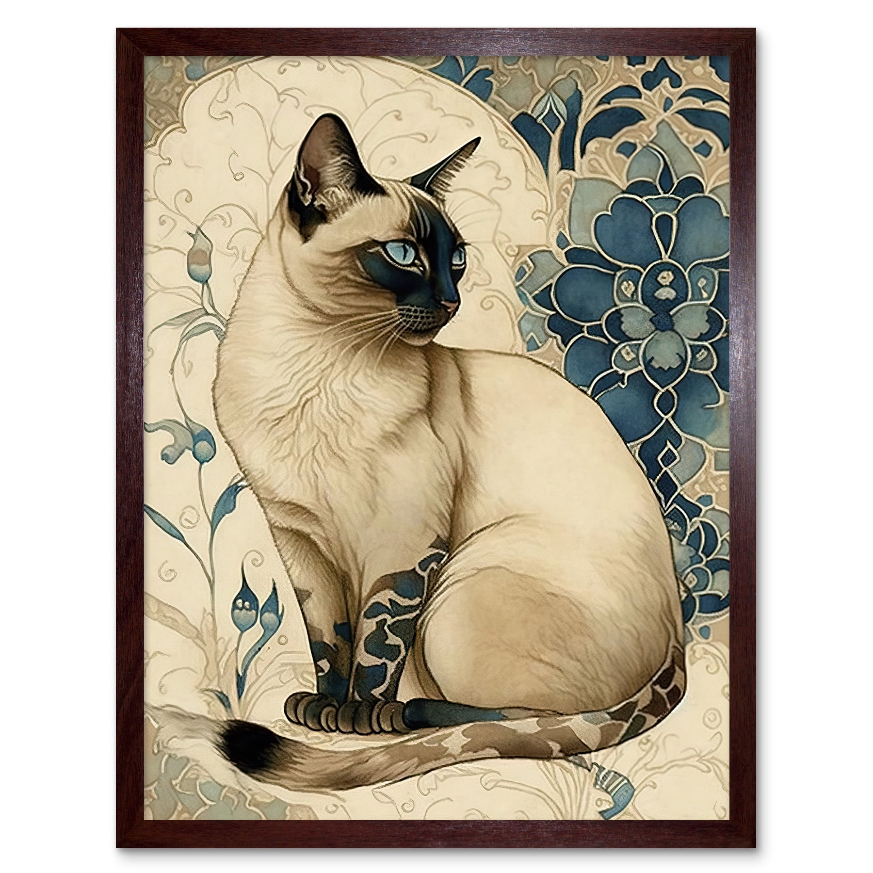 Siamese Cat with Blue Flower Pattern Modern Art Nouveau Watercolour ...