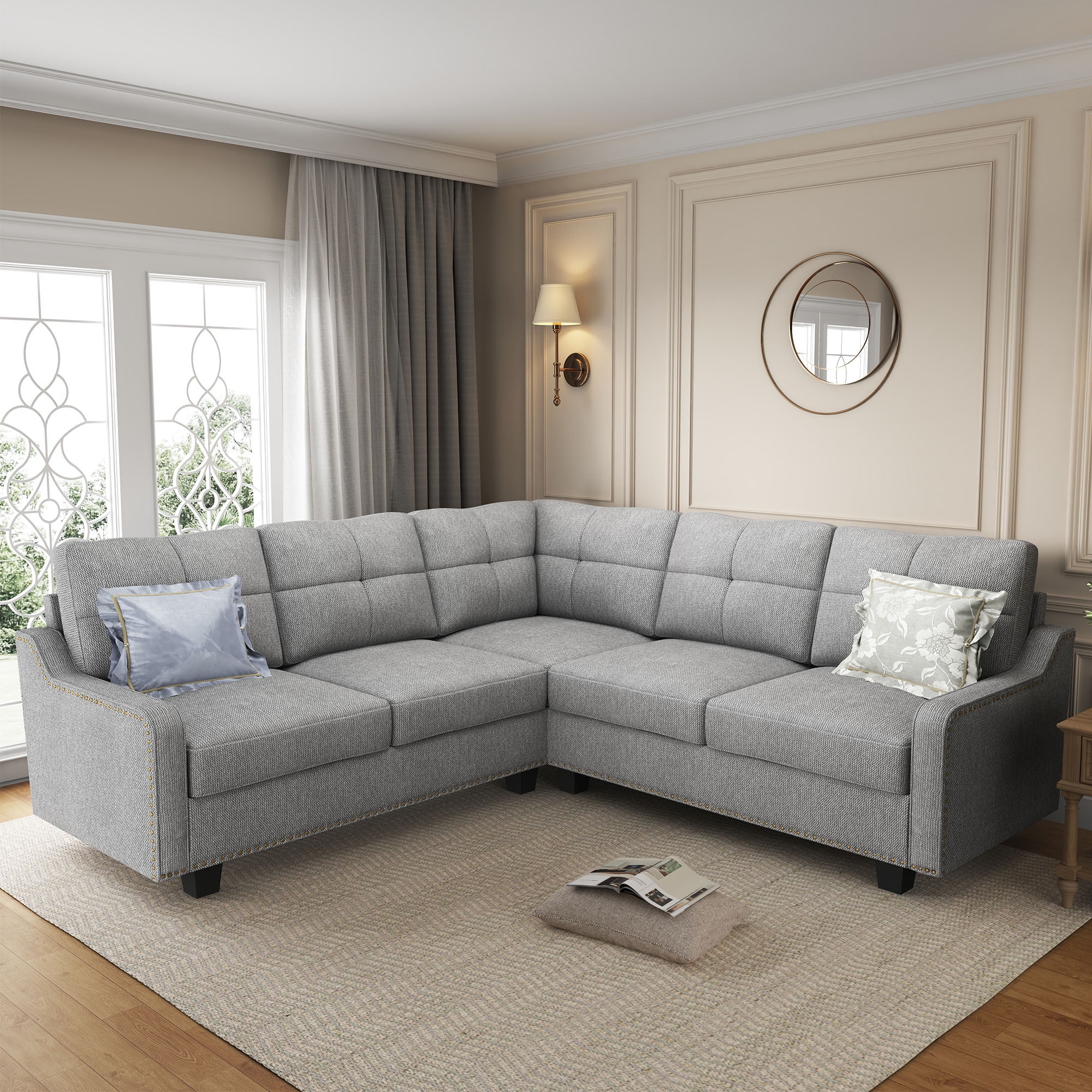 Grey Sectional Sofa With Nailhead Trim Cabinets Matttroy