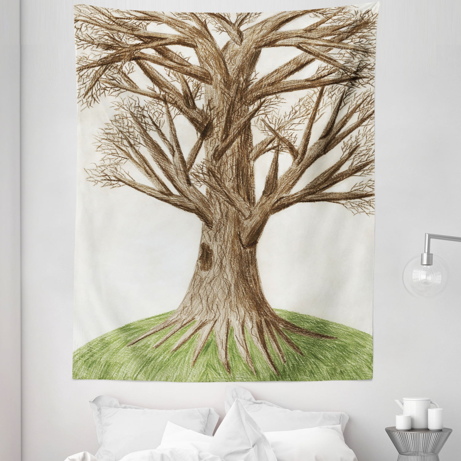 Tree Tapestry, Hand Drawn Pastoral Single Old Tree with Growing ...