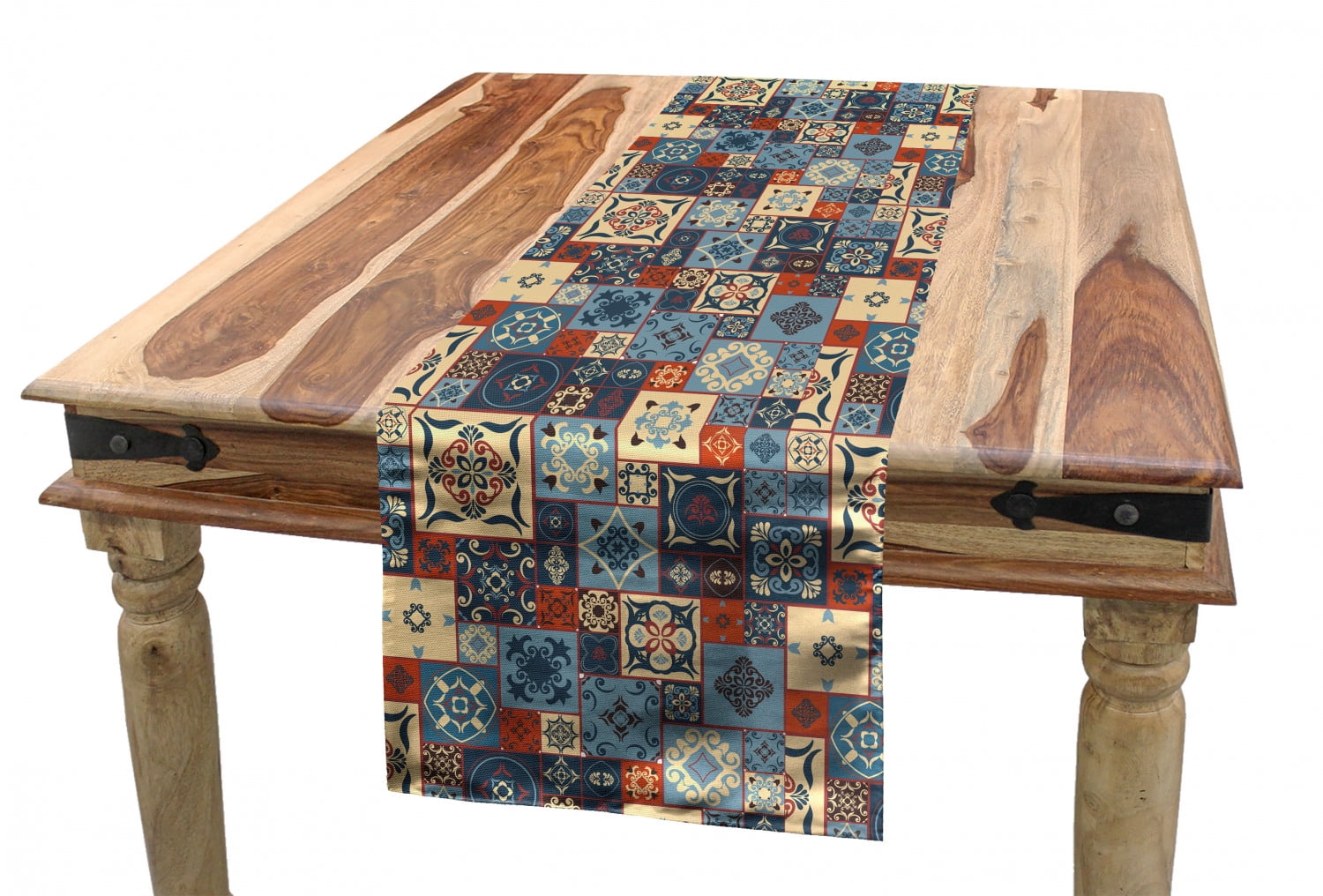 Moroccan Table Runner, Grid Style Square Pattern Ornamental Oriental ...