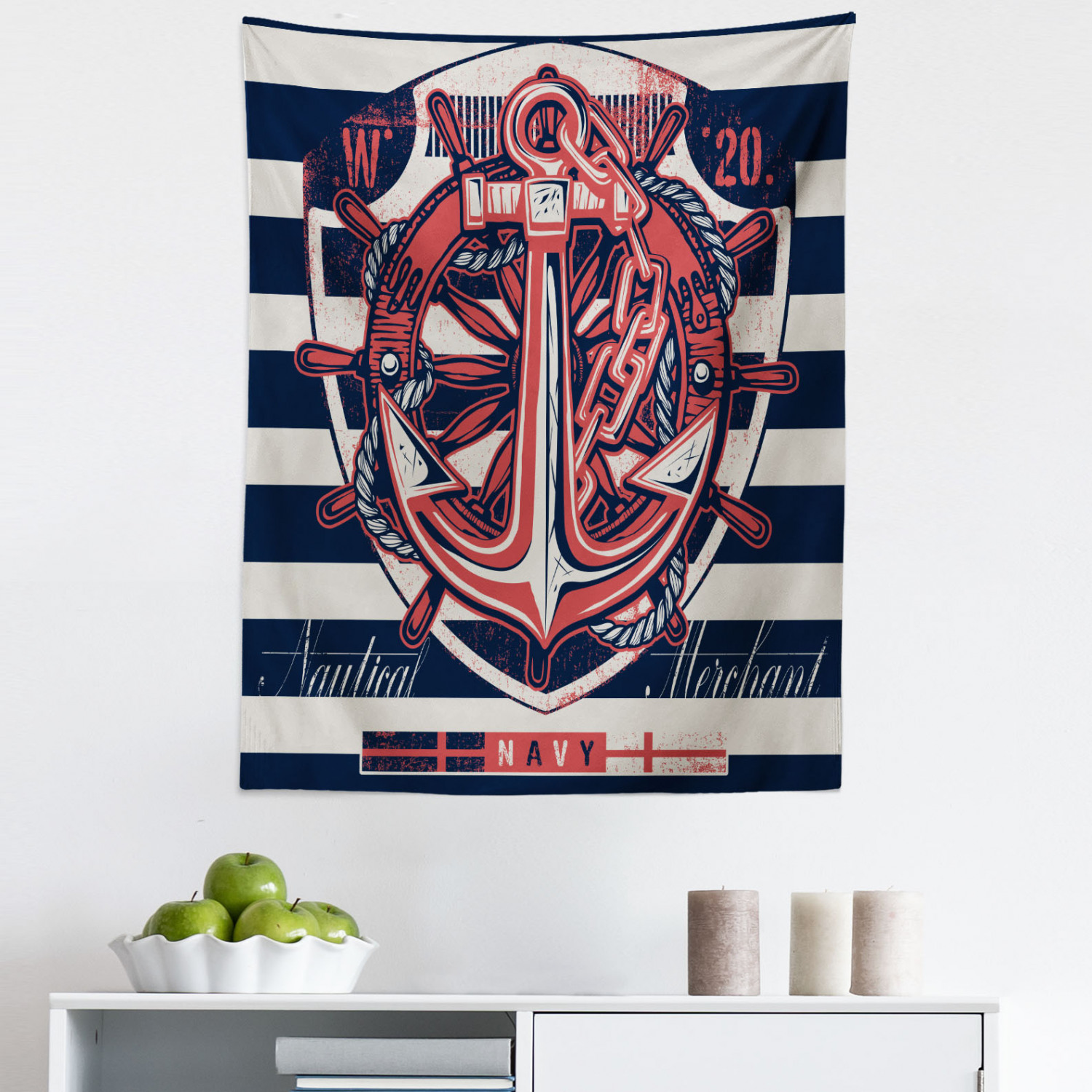 Anchor Tapestry, Marine Design Rudder Anchor Chain Navy Striped ...