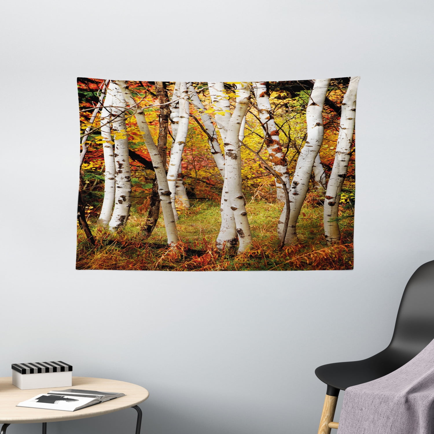 Fall Decor Tapestry, White Fall Birch Trees with Autumn Leaves Growth ...
