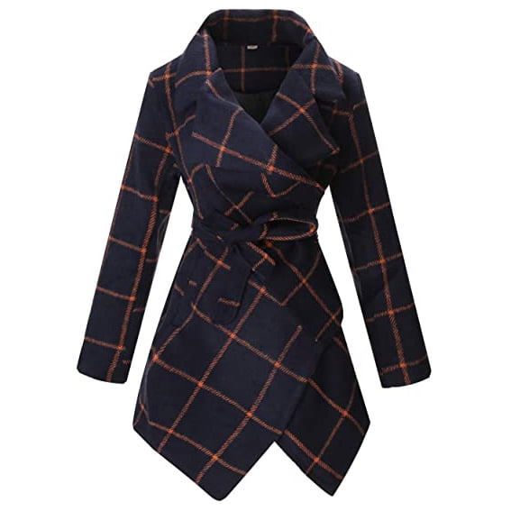 VOGRYE Women's Turn Down Collar Grid Coat Belted Wool Blend Coat ...