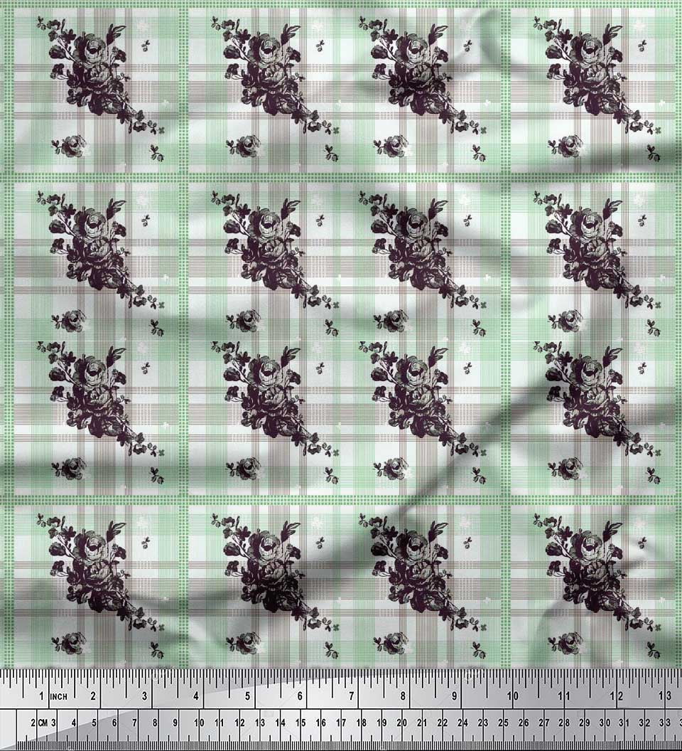 Soimoi Satin Silk Fabric Floral & Plaid Check Print Fabric by The Yard ...