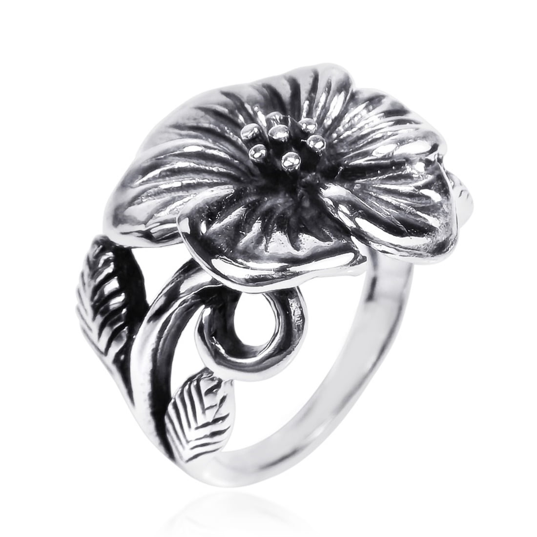 Charming Lady Grey Hibiscus .925 Sterling Silver Flower Ring for Female ...