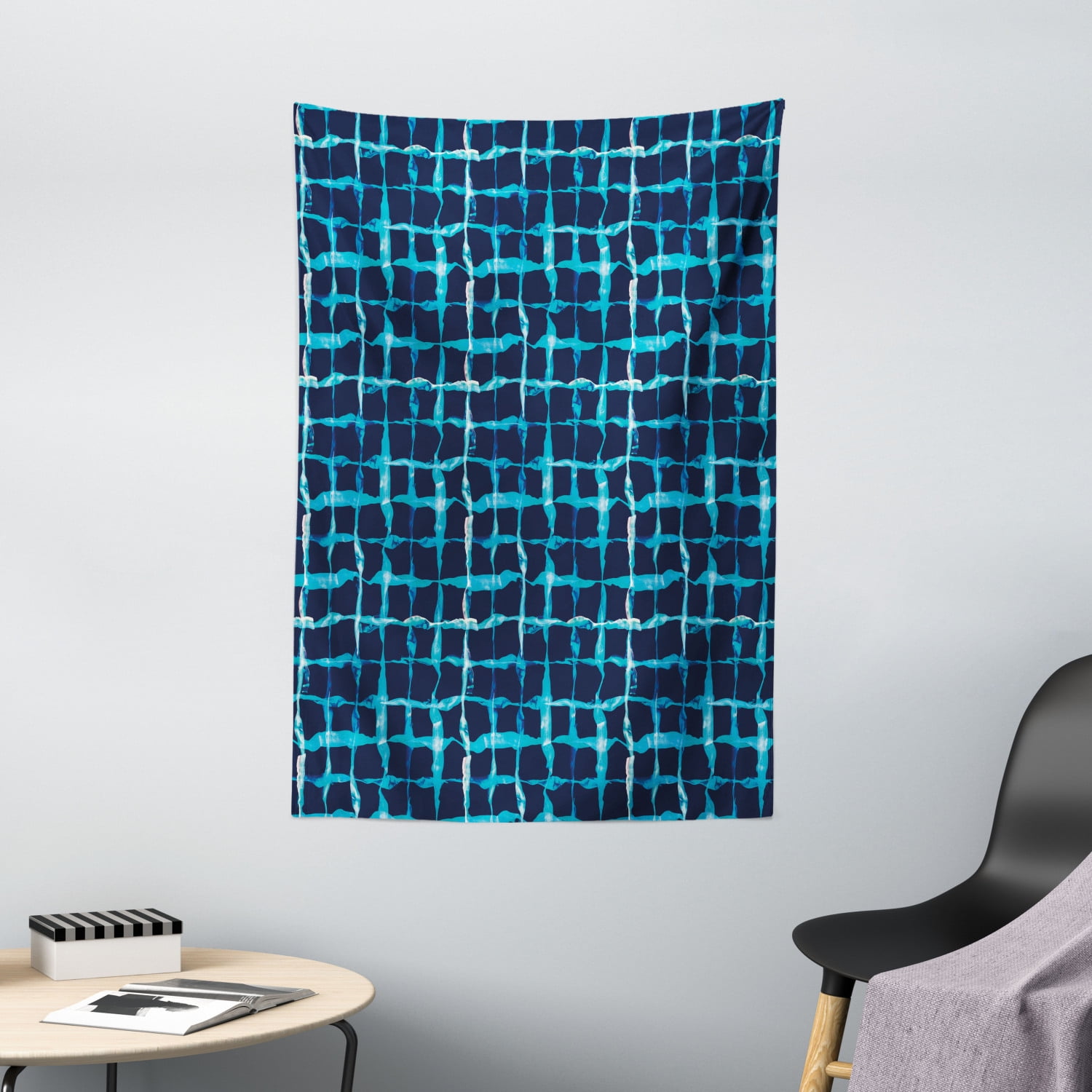Indigo Tapestry, Watercolor Print Geometric Squares Lines Aqua Pool ...