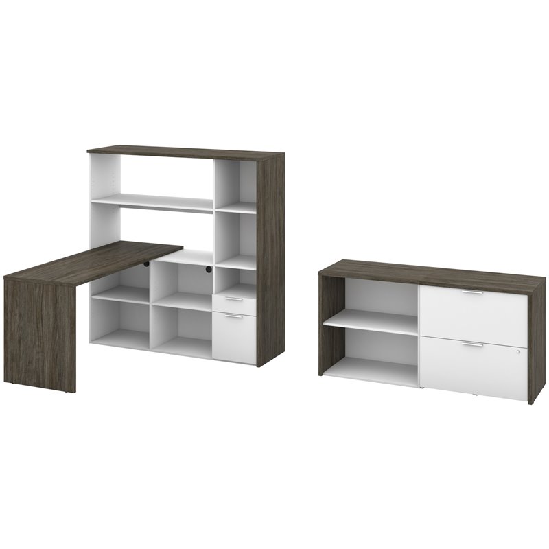 Pemberly Row 3 Piece Wooden L Shaped Office Set in Walnut Gray and ...