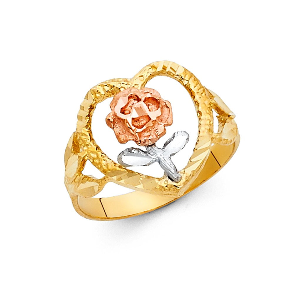 14k Two Tone Italian Solid Gold Diamond Cut Heart & Flower Ring 15mm ...
