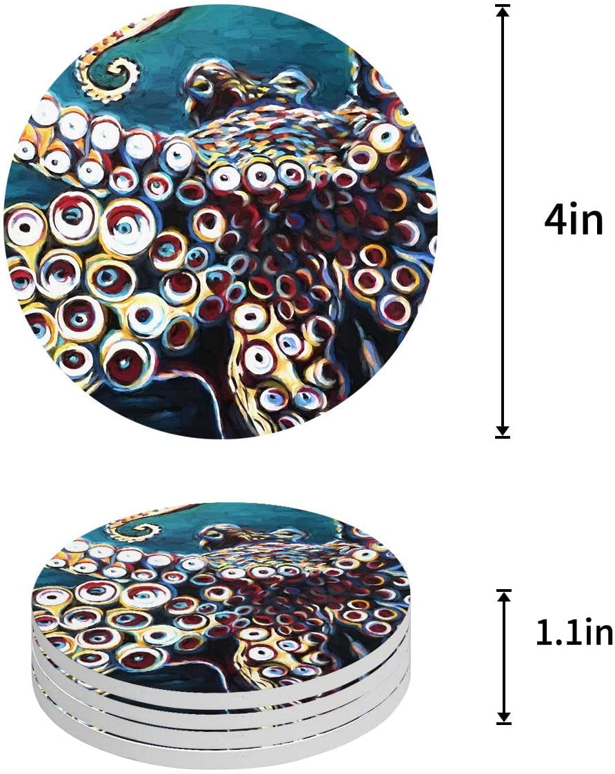 FMSHPON Octopus Set of 8 Round Coaster for Drinks, Absorbent Ceramic ...