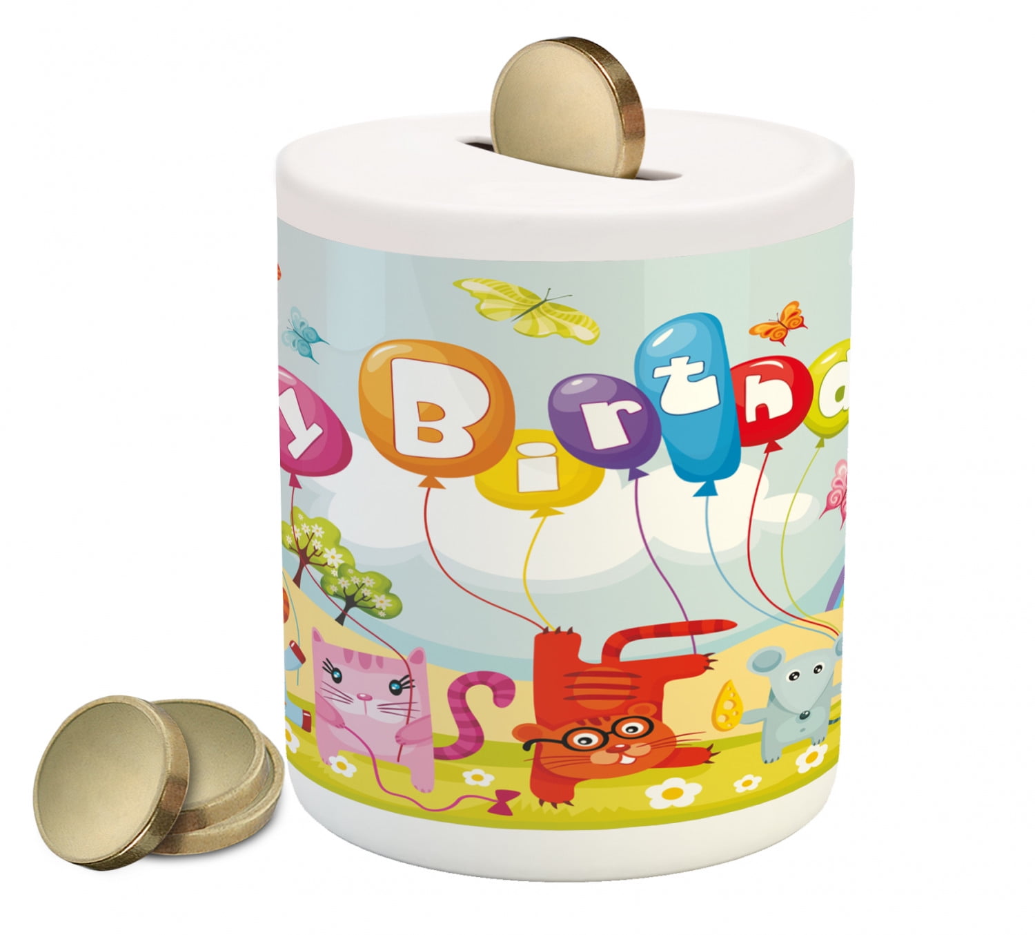 Birthday Party Piggy Bank, Farm Life Animals Balloons Rainbow Clouds ...