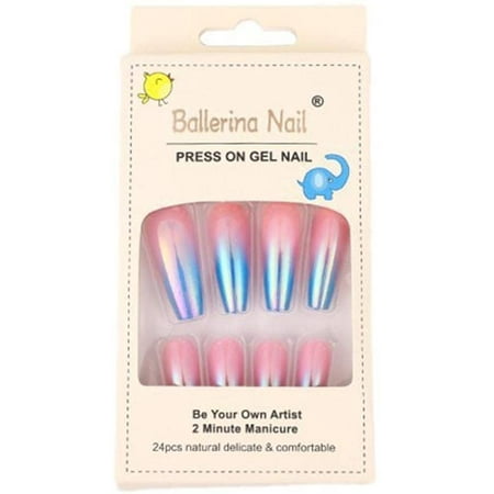 24 Pcs Gradient Fake Nail Tips Kit Artificial Fingernails Rainbow Ombre ...