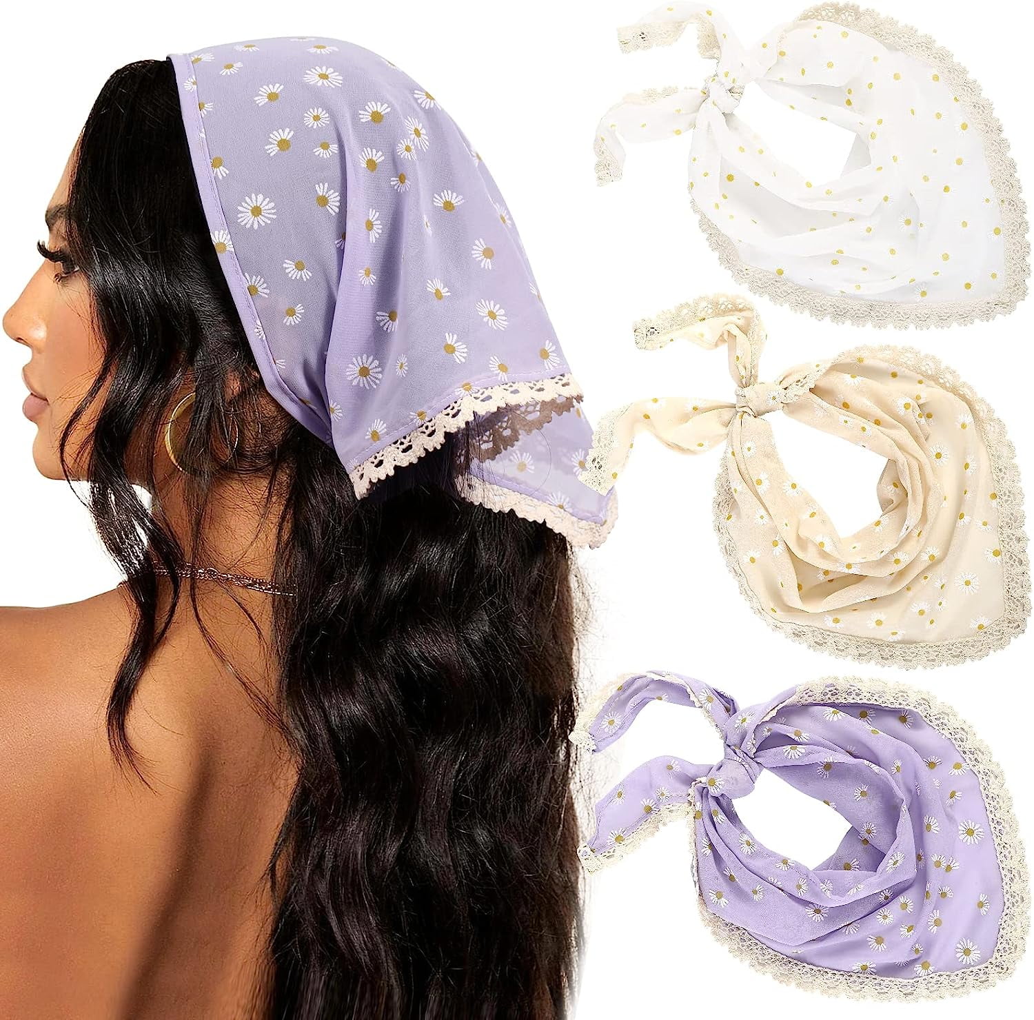 AWAYTR 3Pcs Floral Hair Bandanas Chiffon Head Kerchief for Women Girls ...