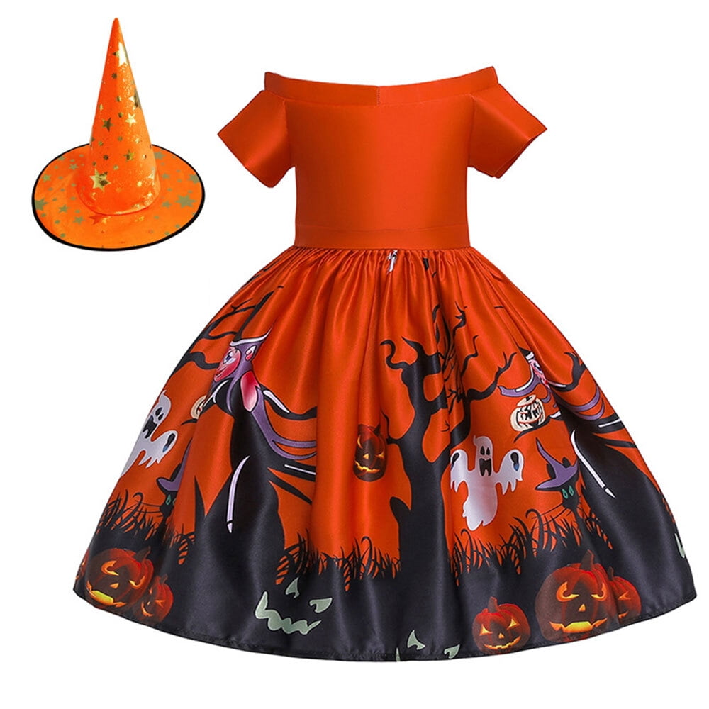 Girls Kids Halloween Witch Dress with Hat Smooth Princess Skirt Dress ...