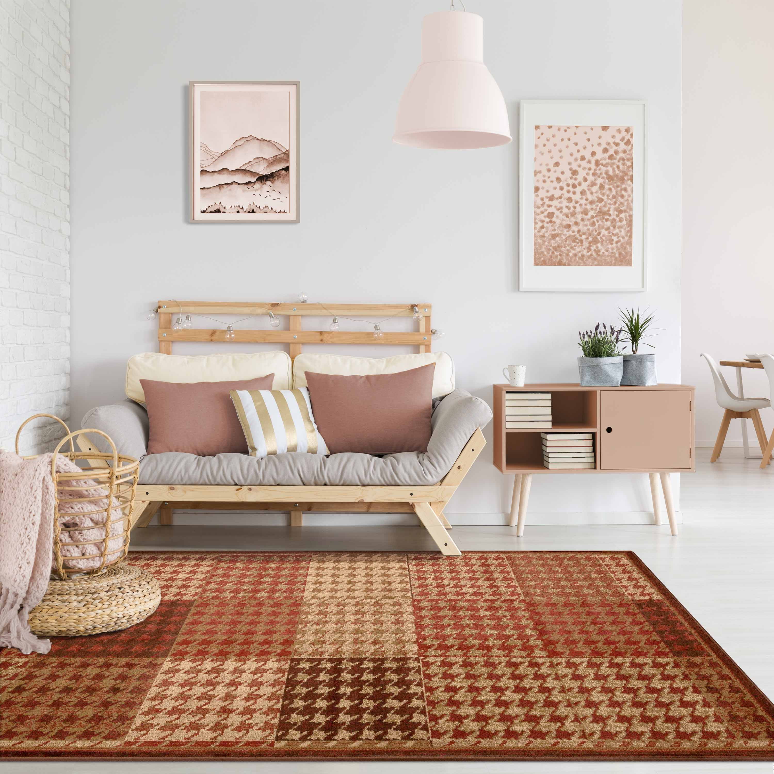 Vintage Houndstooth Geometric Power-Loomed Indoor Area Rug with Border ...