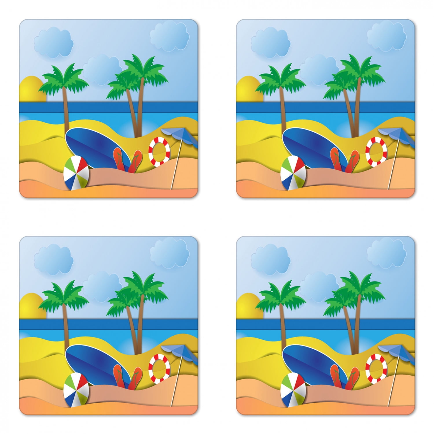 Graphic Beach Coaster Set of 4, Paper Cut Art Style Sea View at Summer ...