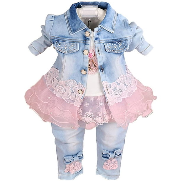 Kid Girls Denim Clothing Sets 3 Pieces Sets T Shirt Denim Jacket and ...