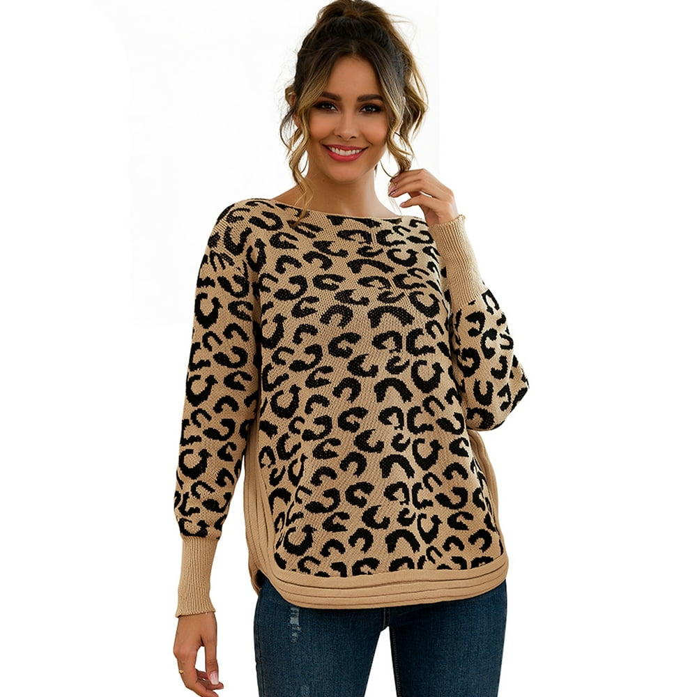 Newtechnologyy Womens Leopard Print Sweater Ladies Fashion Solid